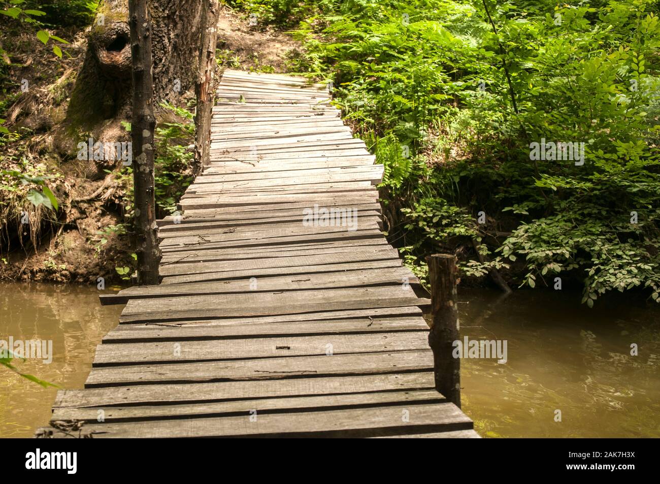 Small weathered wooden boards bridge over river waters closeup Stock ...