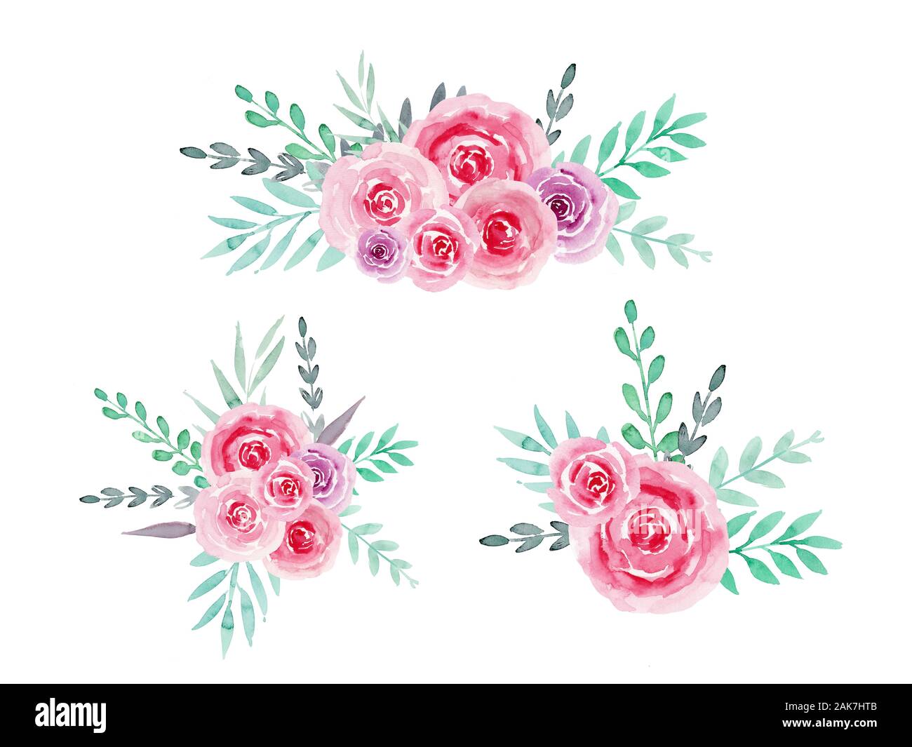 Watercolor boho flowers bouquets with pink roses and green branches ...