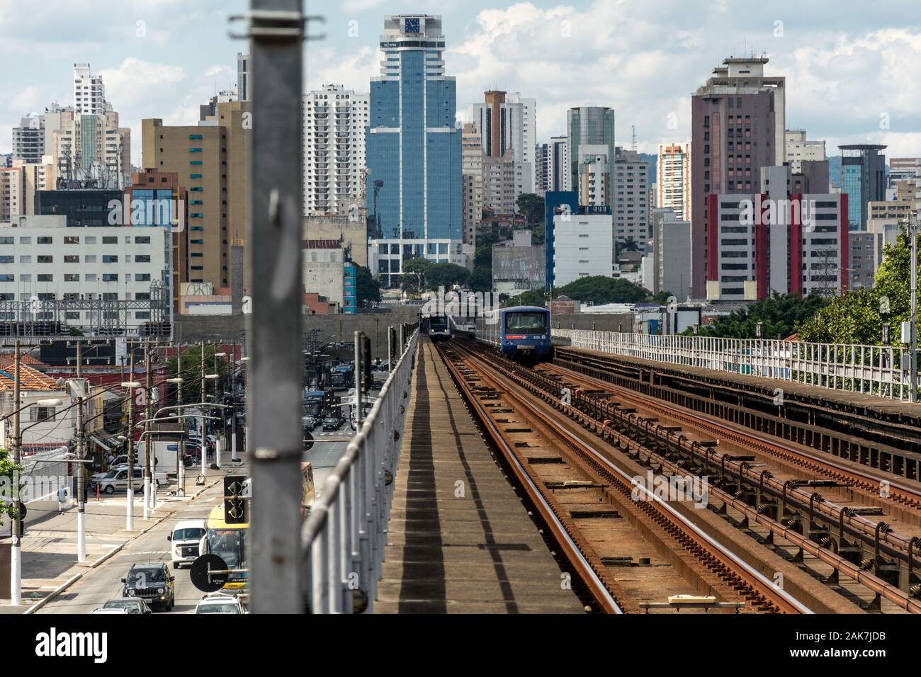 2020, january; Sao Paulo, Brazil; Urban train rail with buildings at ...