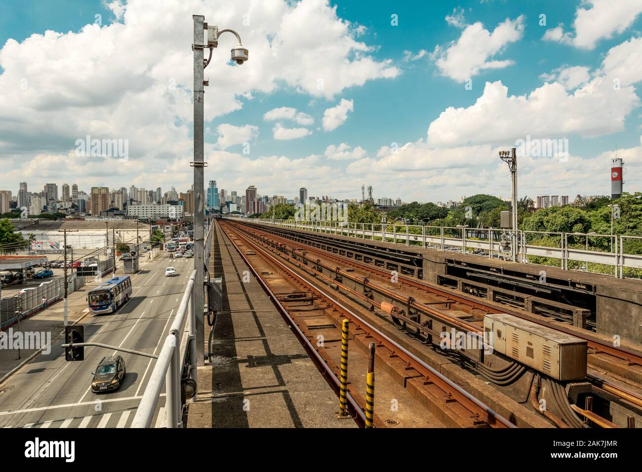 2020, january; Sao Paulo, Brazil. Train rail side by side with a big ...