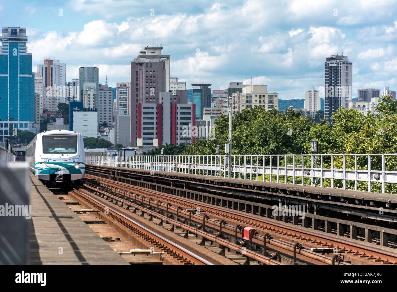 2020, january; Sao Paulo, Brazil; Urban train rail with buildings at ...
