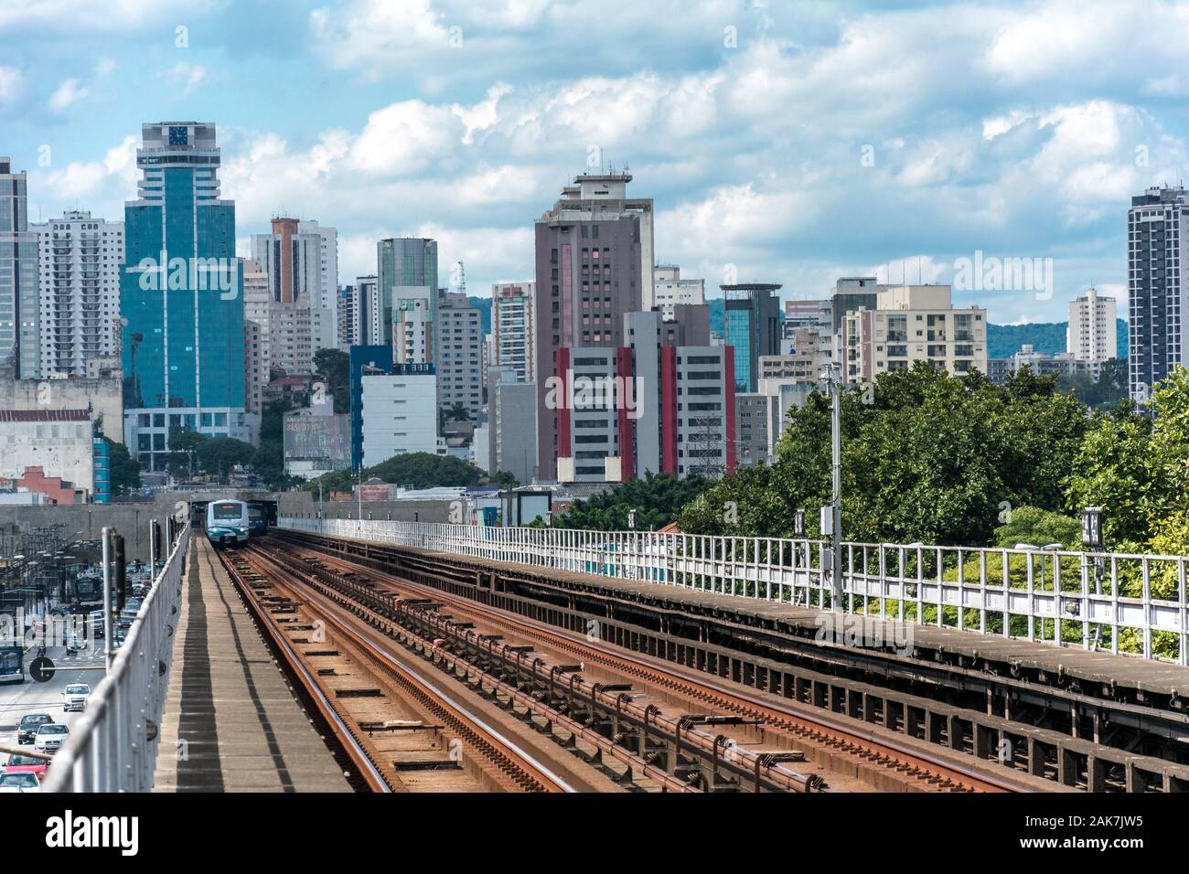 2020, january; Sao Paulo, Brazil; Urban train rail with buildings at ...