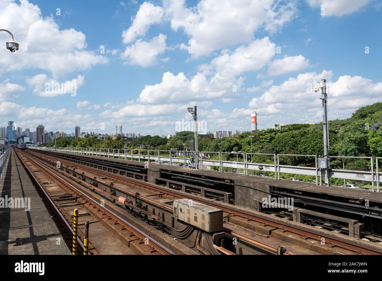 2020, january; Sao Paulo, Brazil; Urban train rail with buildings at ...