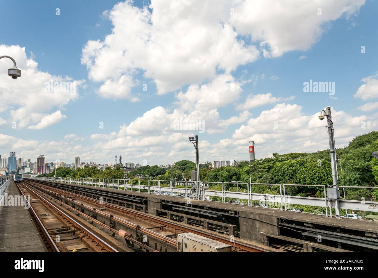 2020, january; Sao Paulo, Brazil; Urban train rail with buildings at ...