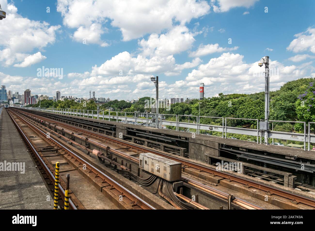 2020, january; Sao Paulo, Brazil; Urban train rail with buildings at ...