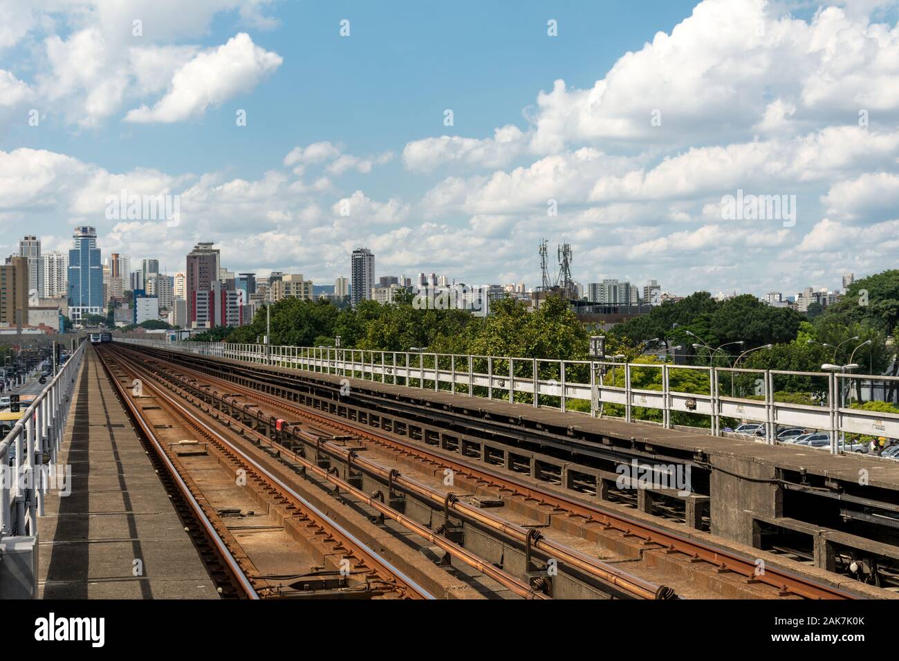 2020, january; Sao Paulo, Brazil; Urban train rail with buildings at ...