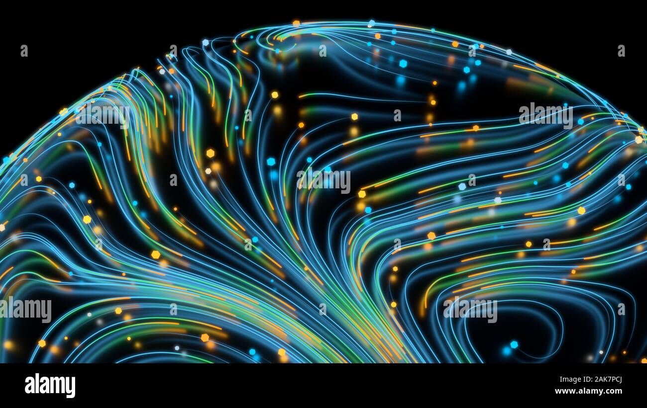 Neon glowing twisted cosmic lines on the surface of the planet ...