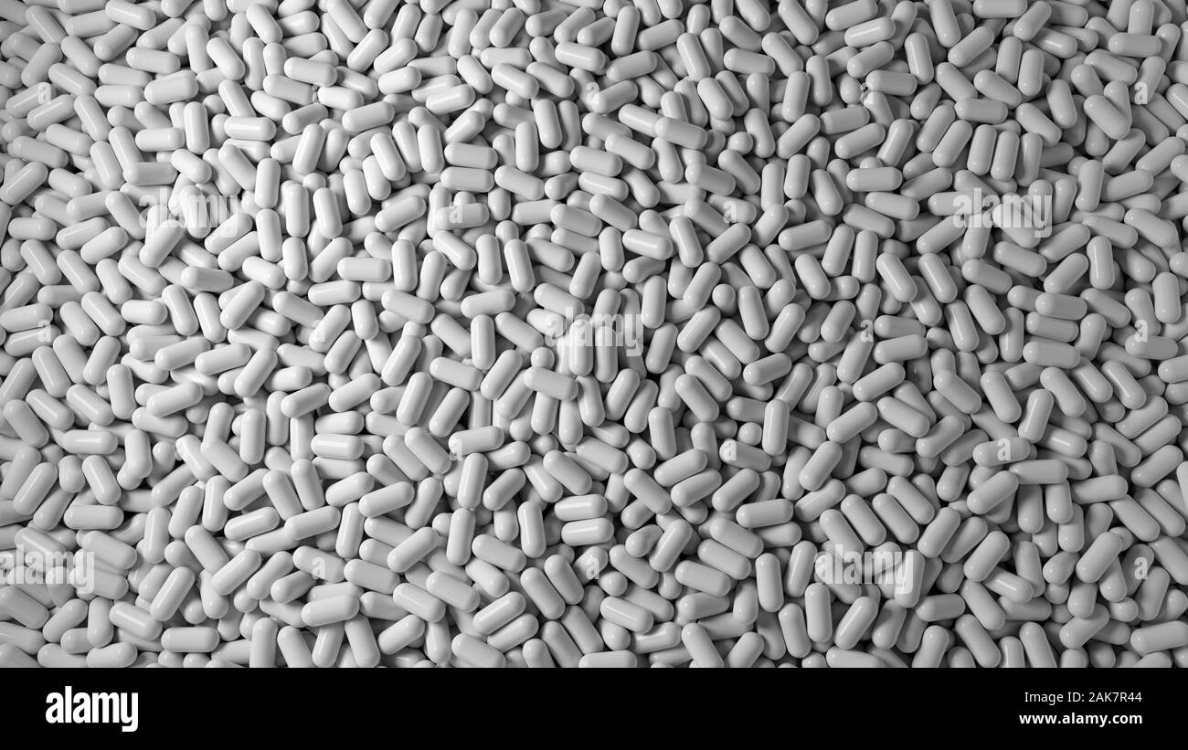 Heap of medicine pills. Background made from white pills or capsules 3d ...