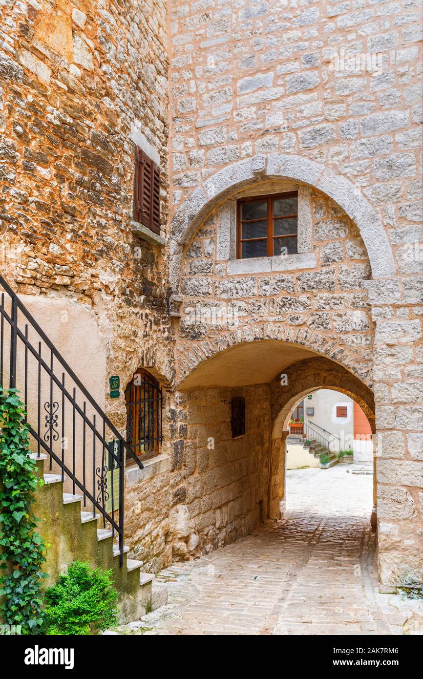 Soardo – Bembo Castle entrance arch in the historic old town in Bale, a ...