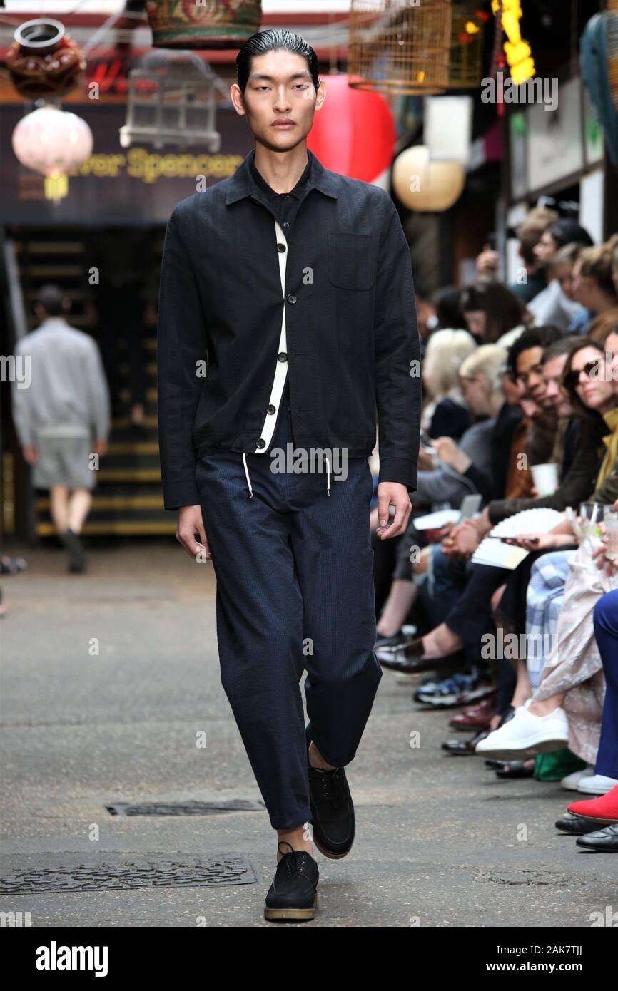 A model showcases during a catwalk show at Oliver Spencer show, London ...