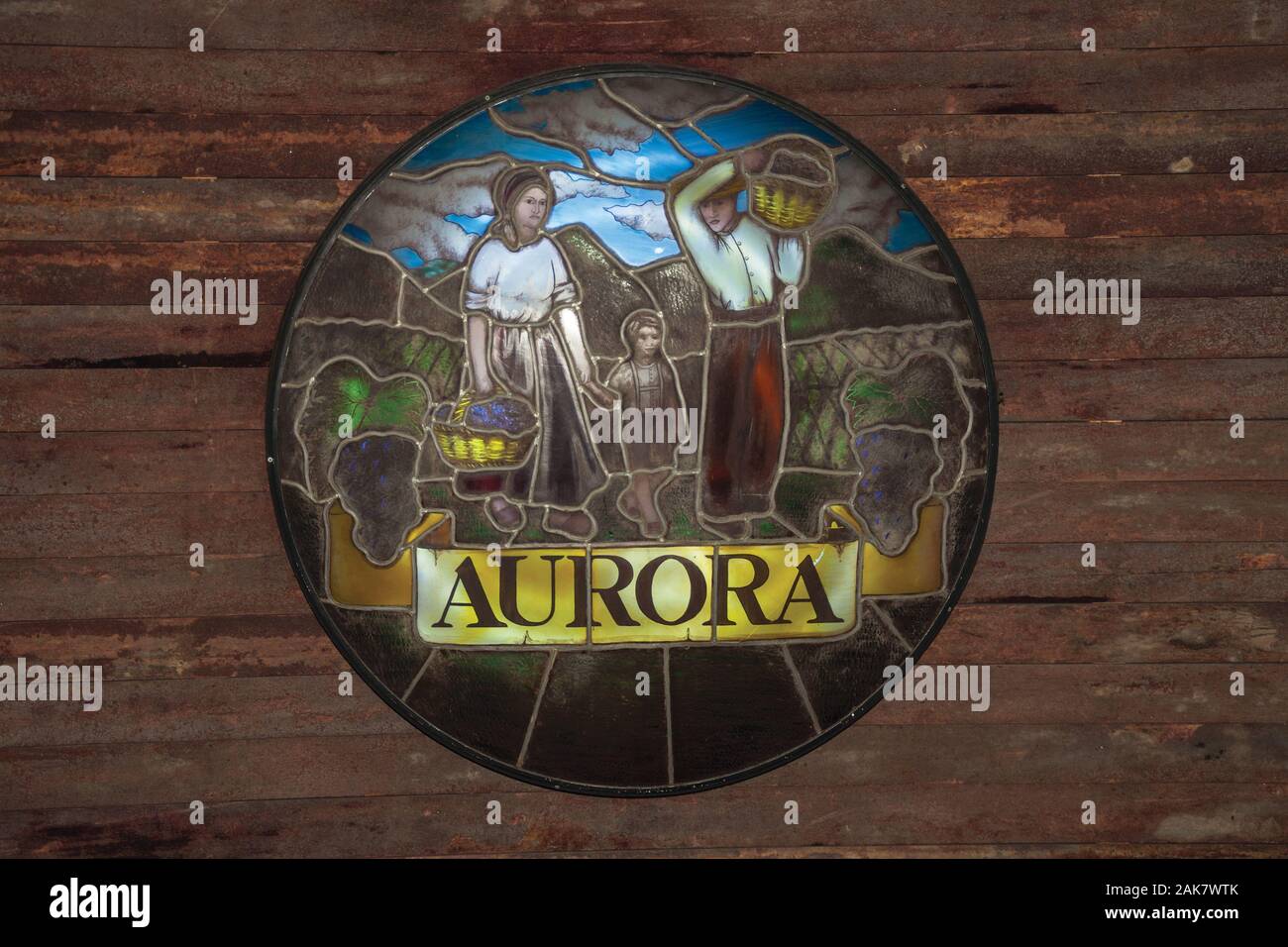 Colorful stained glass with the company brand and logotype at the ...