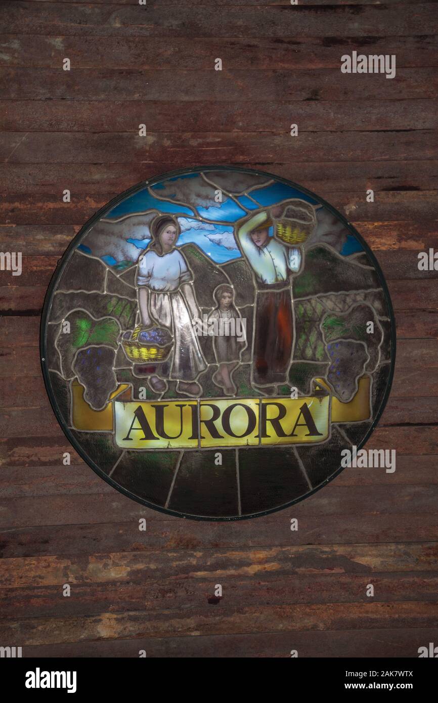 Colorful stained glass with the company brand and logotype at the ...