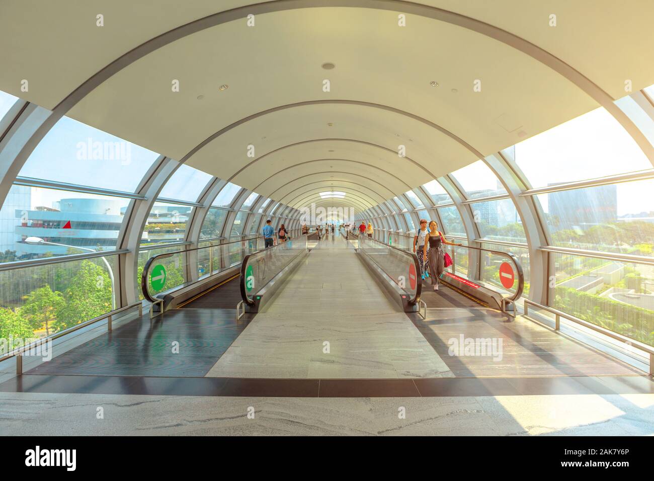 Singapore - Aug 8, 2019: front view of large moving sidewalk inside ...