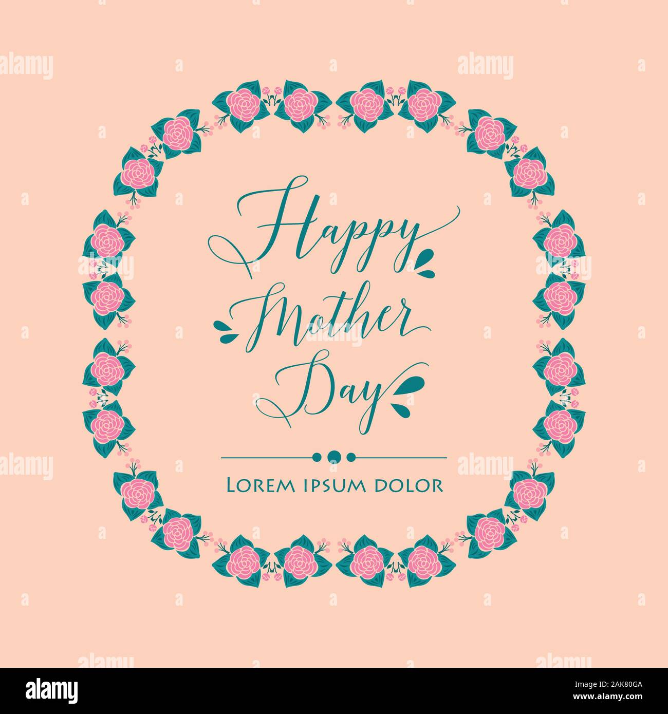 Ornate Pattern of leaf and pink flower frame, elegant for happy mother day greeting card ...