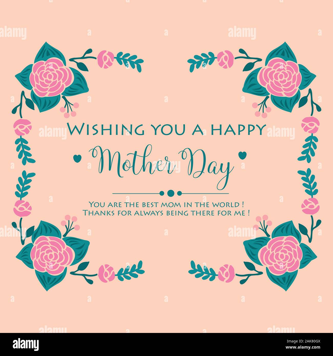 Ornate Pattern of leaf and pink flower frame, elegant for happy mother day greeting card ...