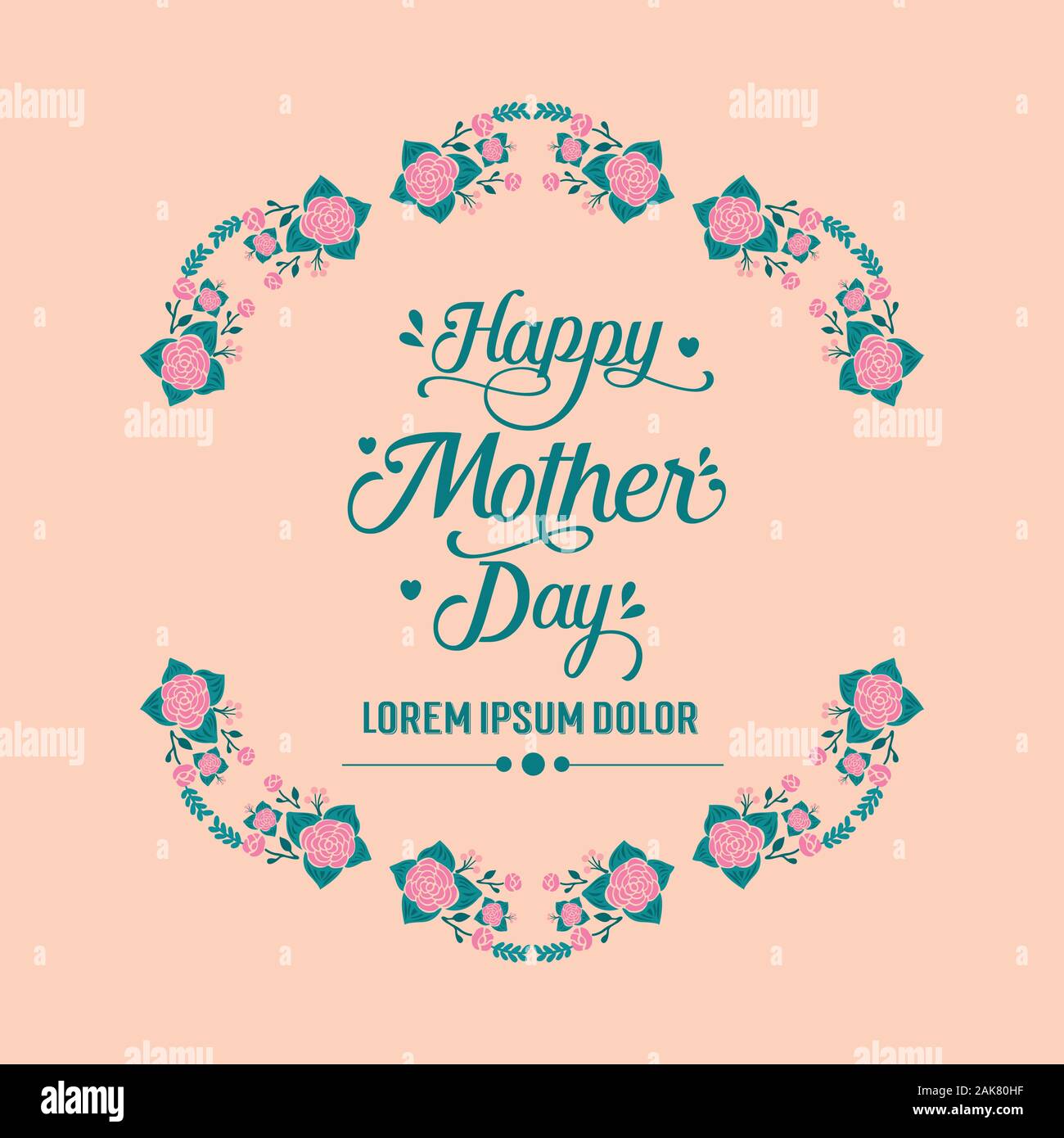 Ornate Pattern of leaf and pink flower frame, elegant for happy mother day greeting card ...