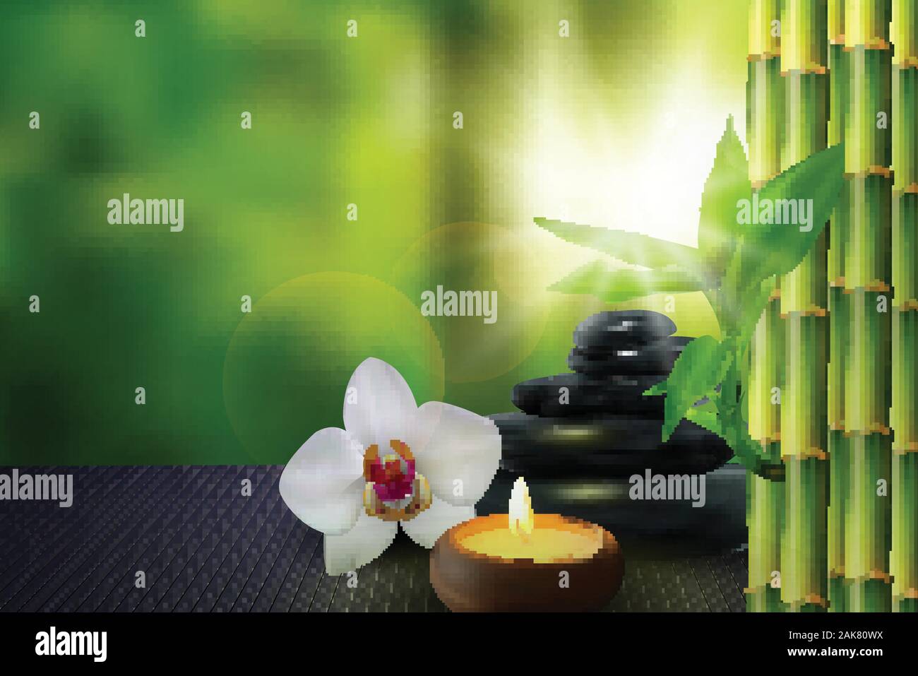 Stone, flower, wax and bamboo on the table background. vector Stock ...