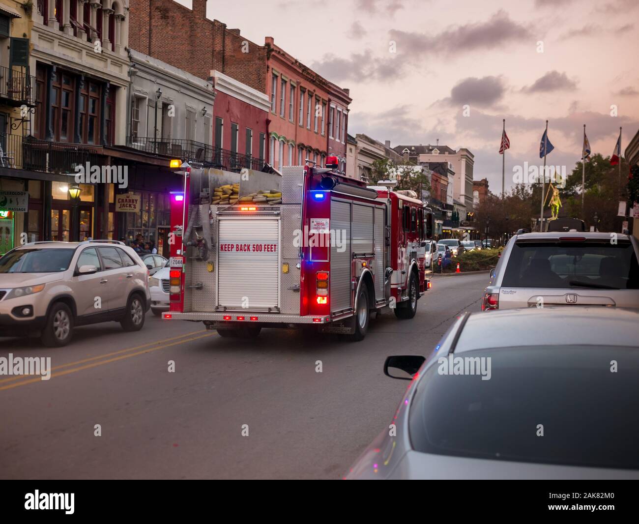 New Orleans, LA, USA. December 2019. A fire truck heads to a fire site ...