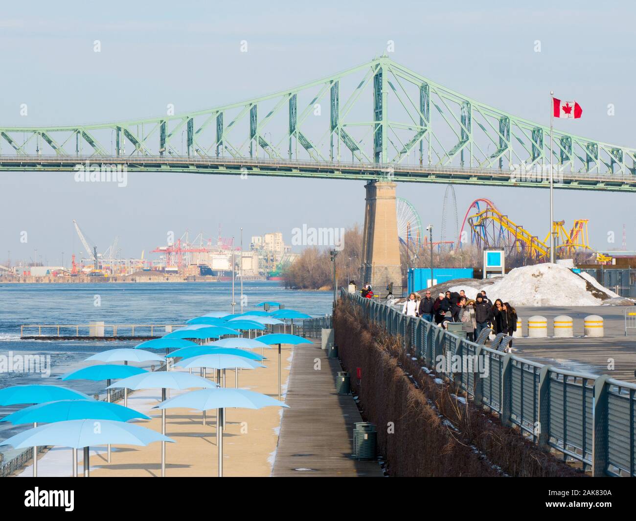 Montreal, Canada. January 2020. People walking near the old port beach ...
