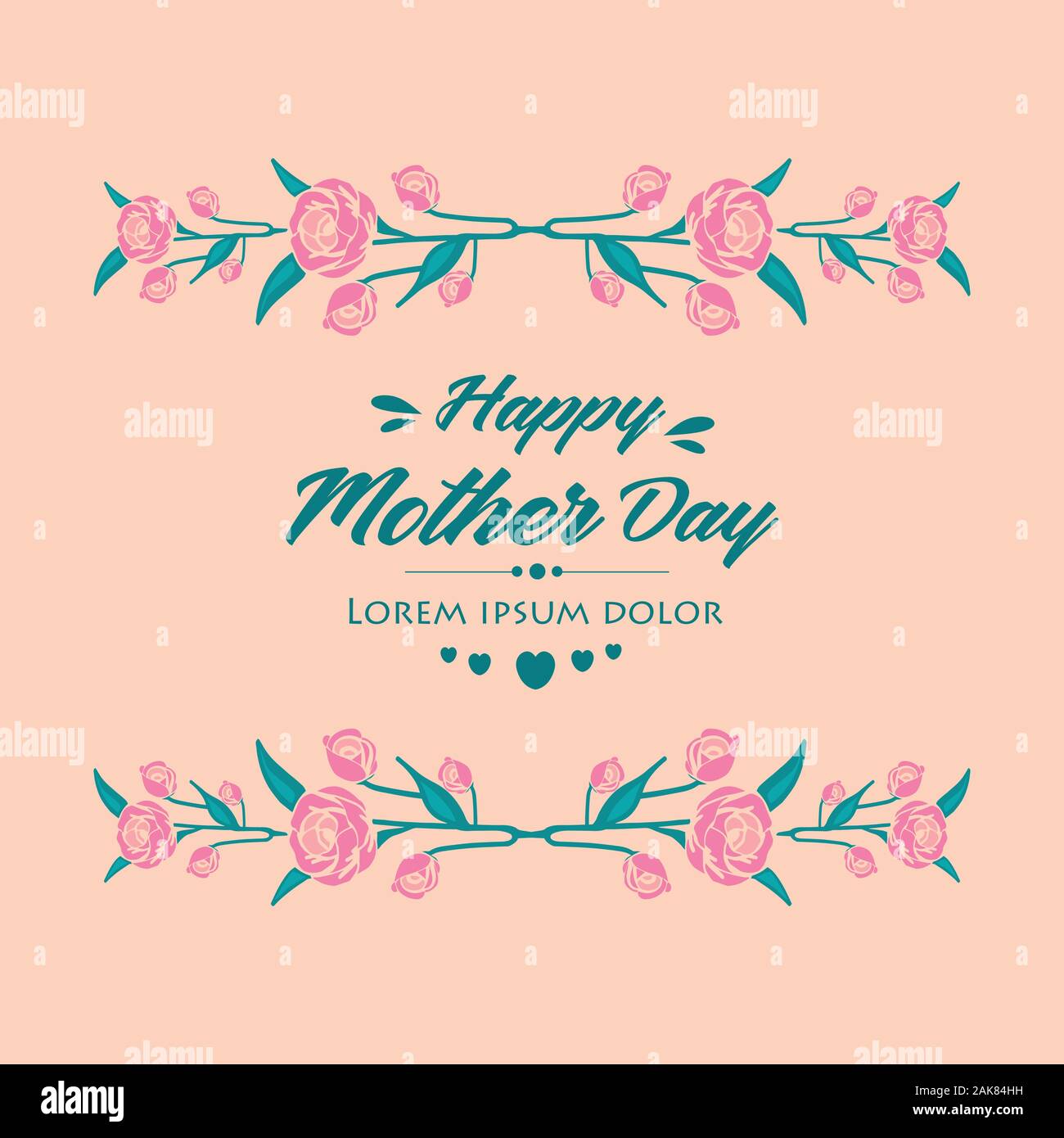 Elegant happy mother day greeting card template design, with beautiful leaf and pink flower ...