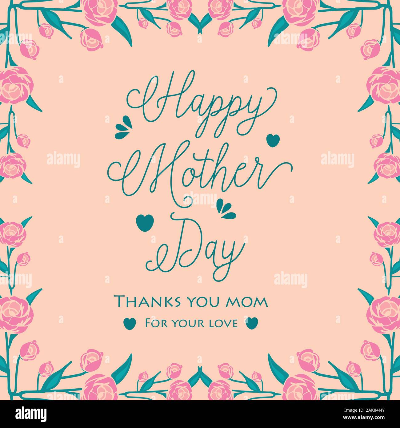 Elegant happy mother day greeting card template design, with beautiful leaf and pink flower ...