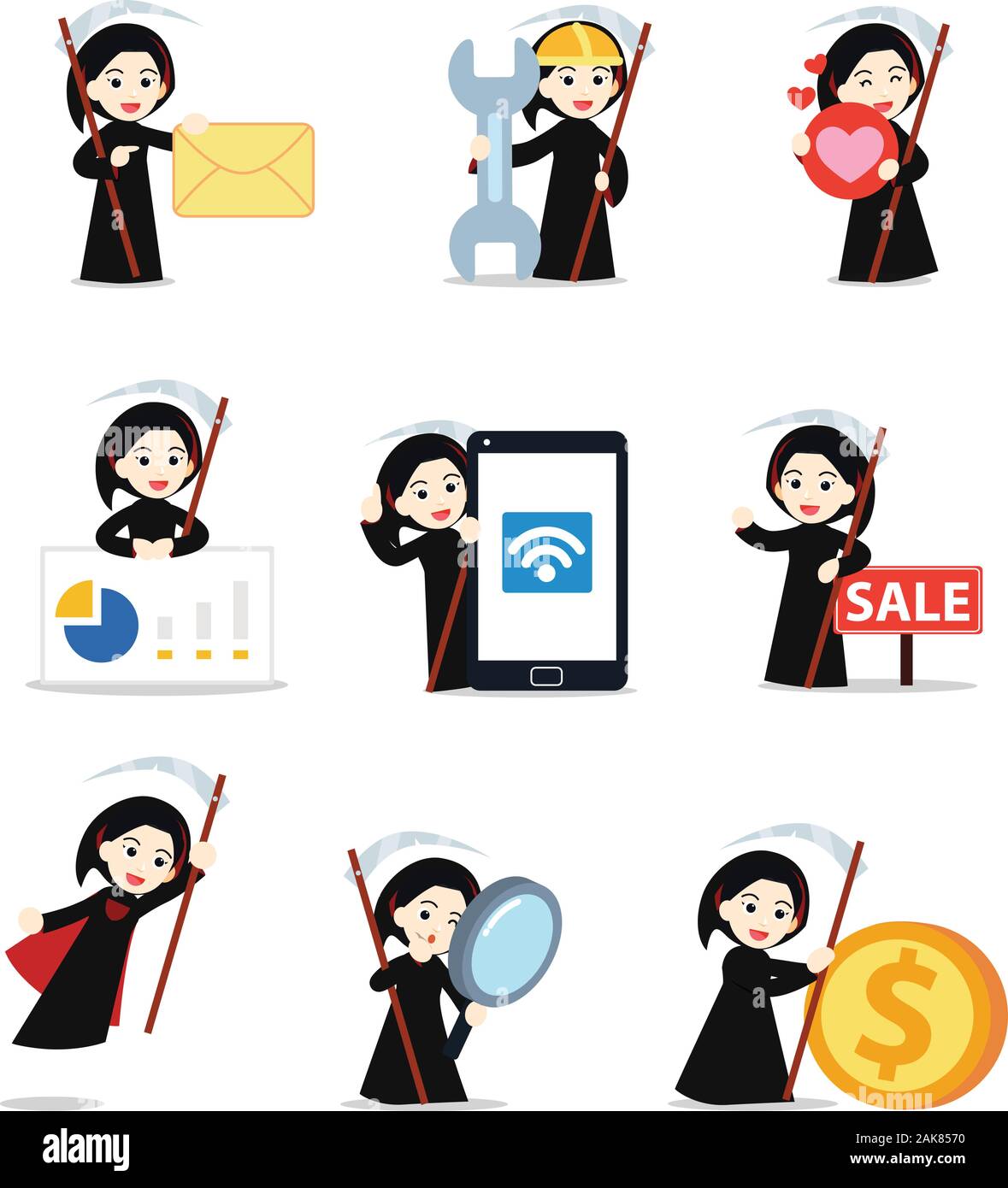 Set of female character in dark reaper monster costume Stock Vector ...