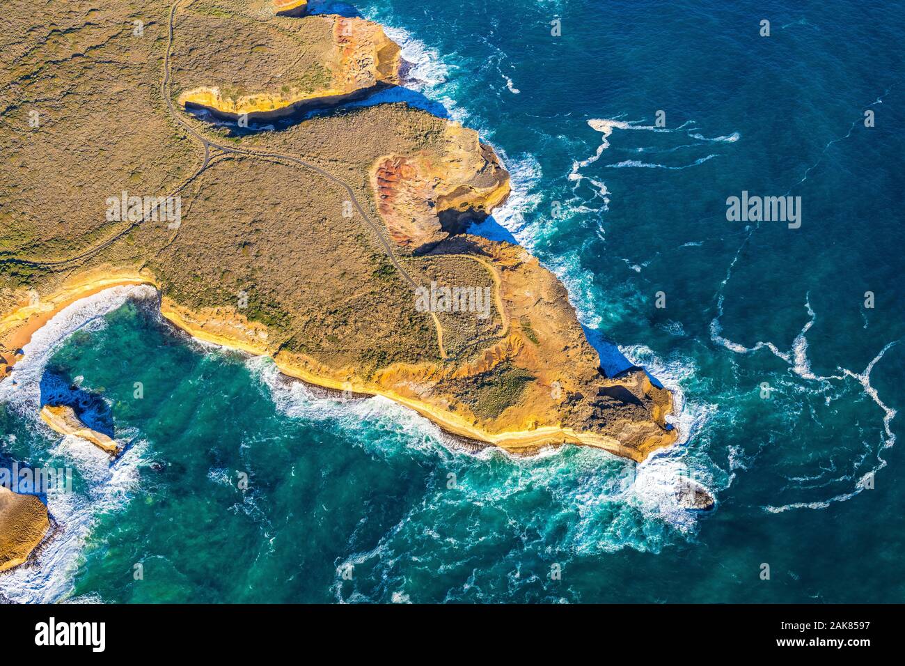 The eroded southern coastline around Port Campbell from a high aerial ...