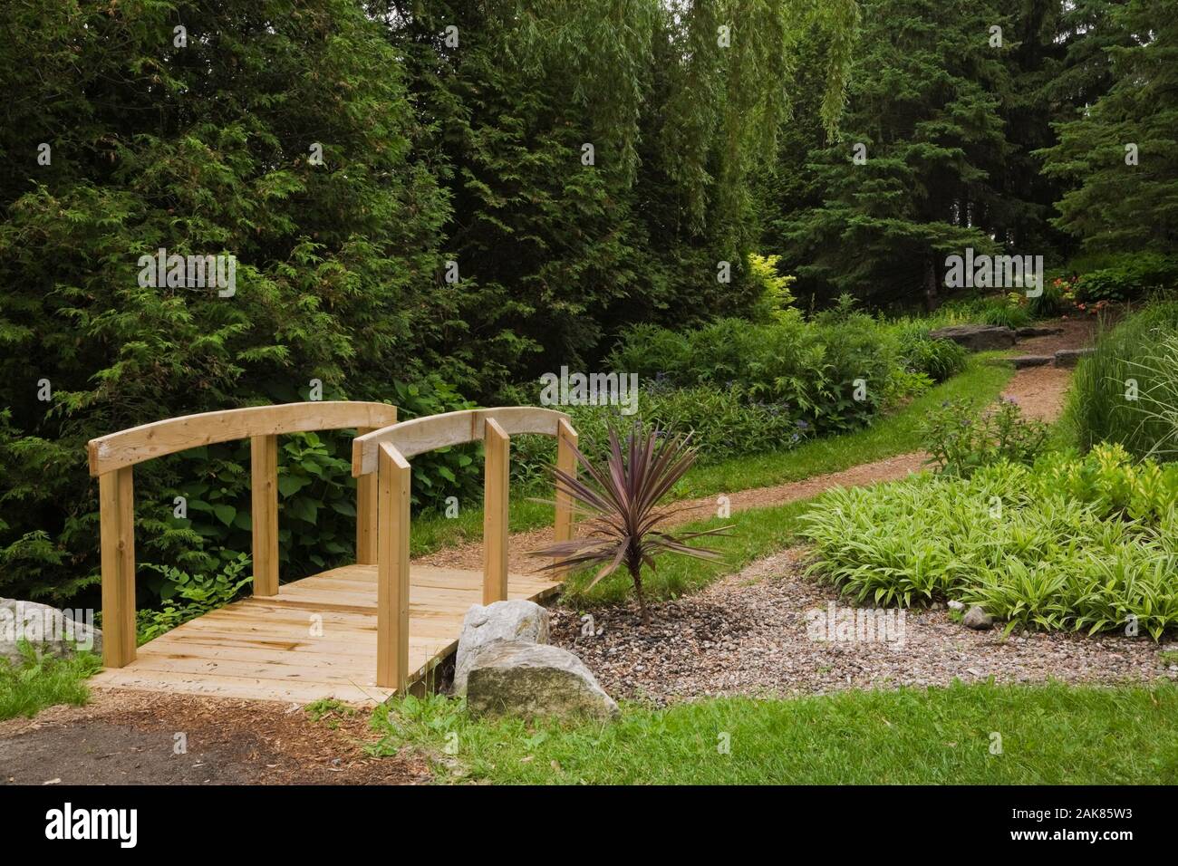 Wooden footbridge and walking path at springtime in a garden at Centre ...
