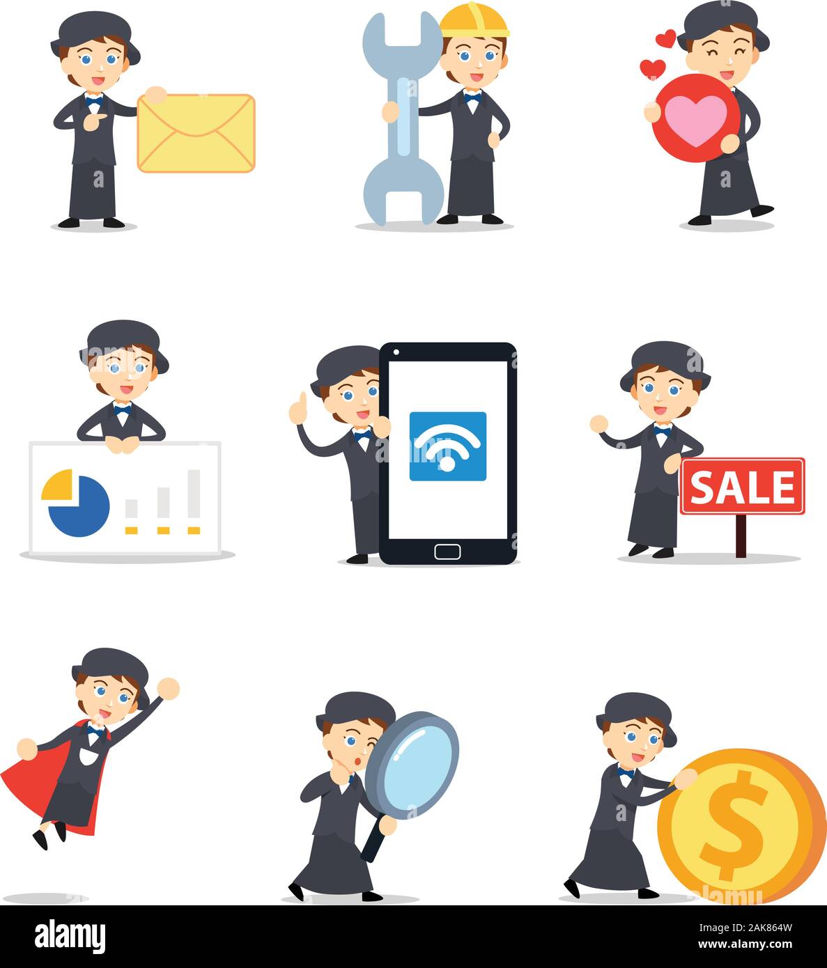 Set of English butler man character serving the royal family Stock ...