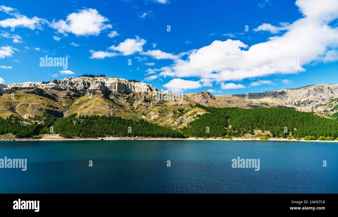 Landscape of blue lakes, Andes mountains, and forest in Patagonia ...
