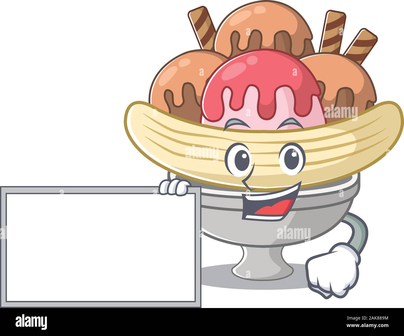 Funny banana split cartoon character design style with board Stock ...