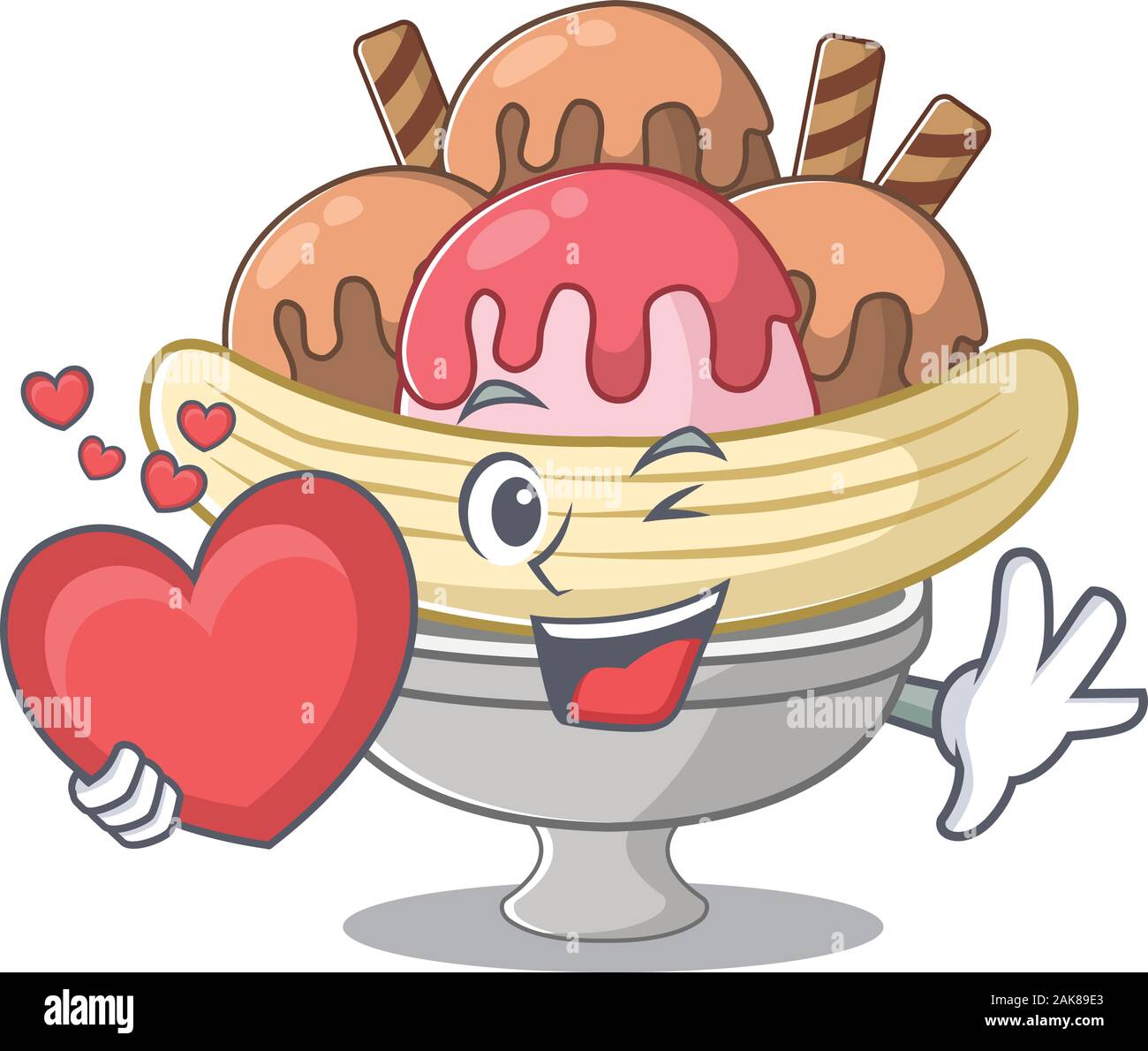 Funny Face banana split cartoon character holding a heart Stock Vector ...