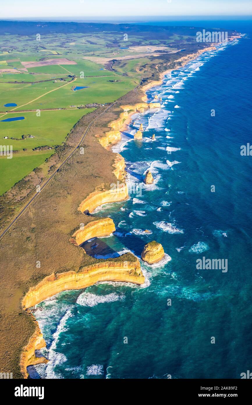 The eroded southern coastline around Port Campbell from a high aerial ...
