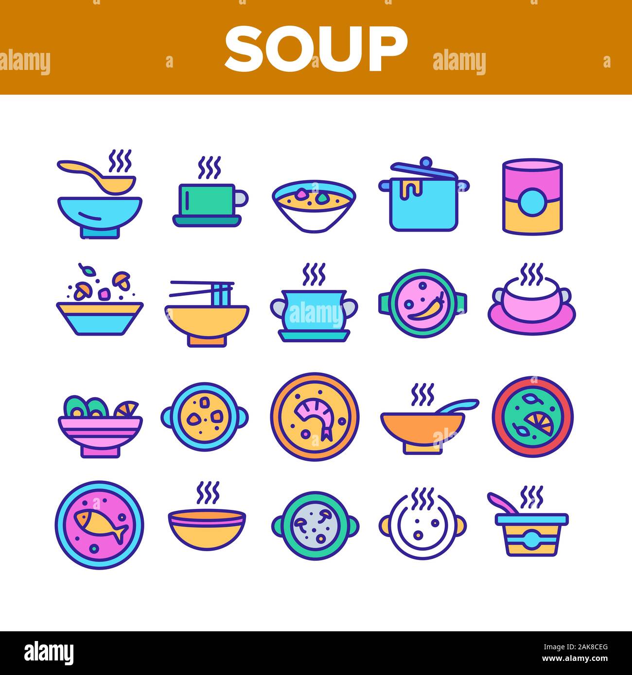 Soup Different Recipe Collection Icons Set Vector Stock Vector Image ...