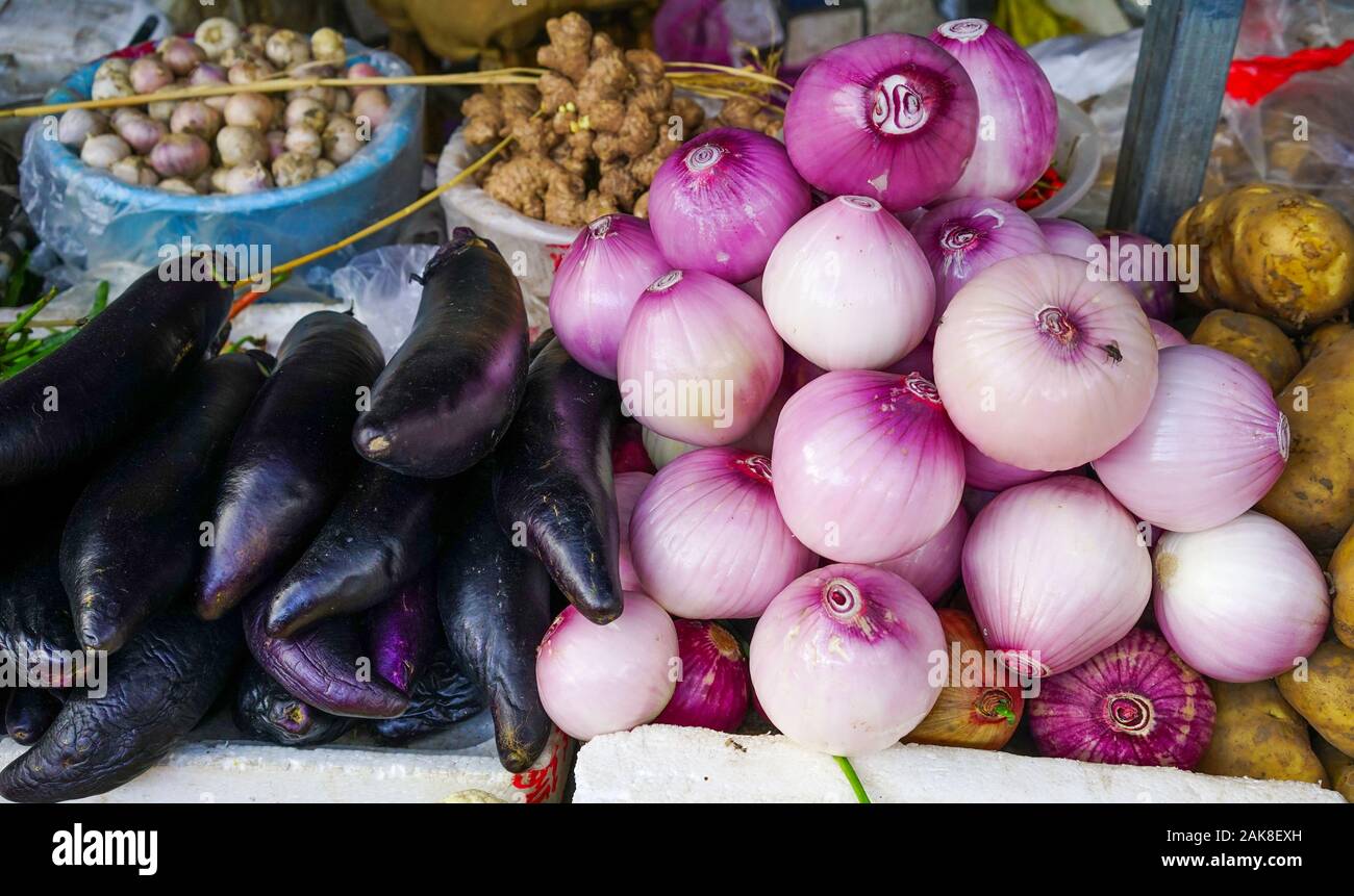 Fresh vegetables and fruits at local market in Hunan, China Stock Photo ...