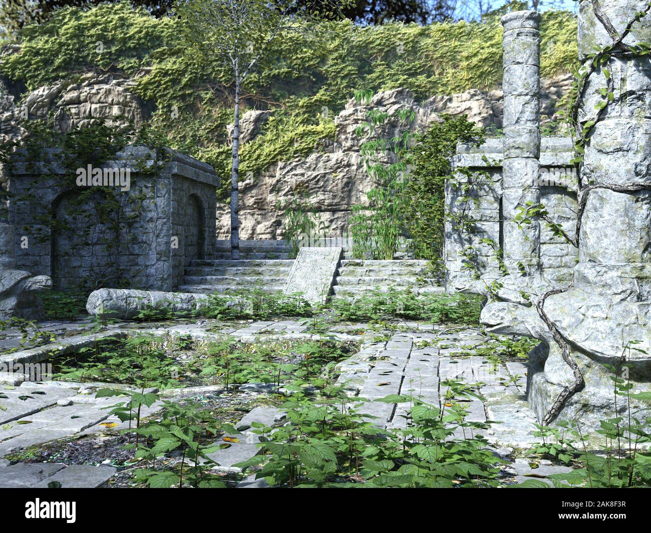 3D Illustration Abandoned Temple Ruins in the Forest Stock Photo - Alamy