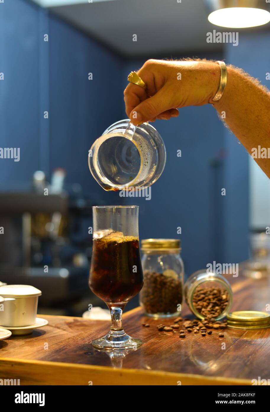Saigon, Vietnam - Sep 22, 2019. Organic coffee drink (black cold brew ...