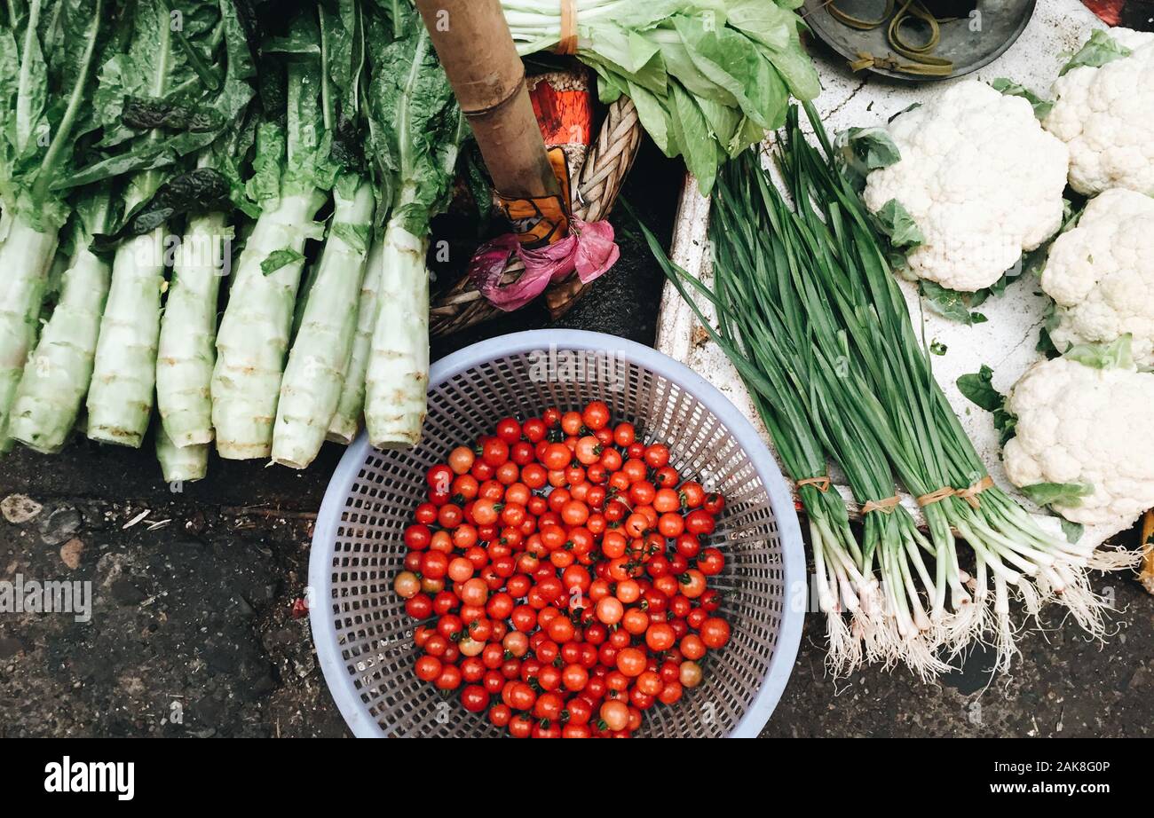 Fresh vegetables and fruits at local market in Hunan, China Stock Photo ...
