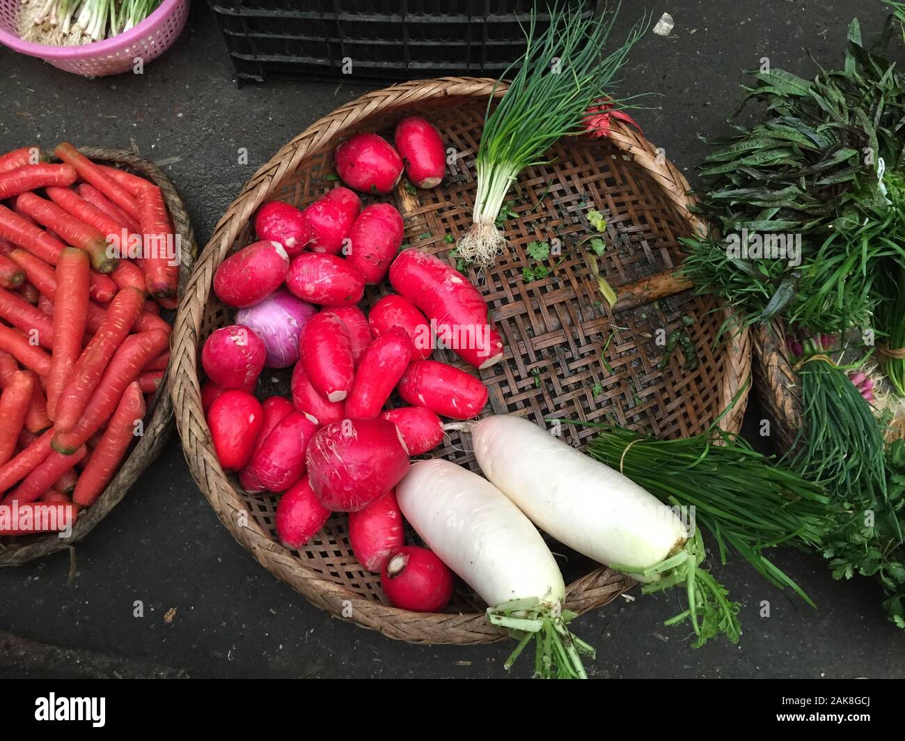 Fresh vegetables and fruits at local market in Hunan, China Stock Photo ...