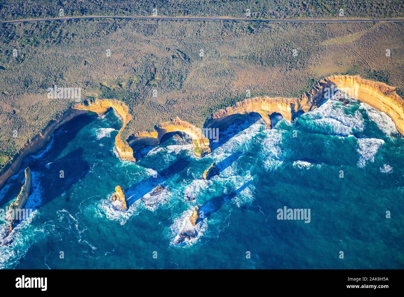The eroded southern coastline around Port Campbell from a high aerial ...