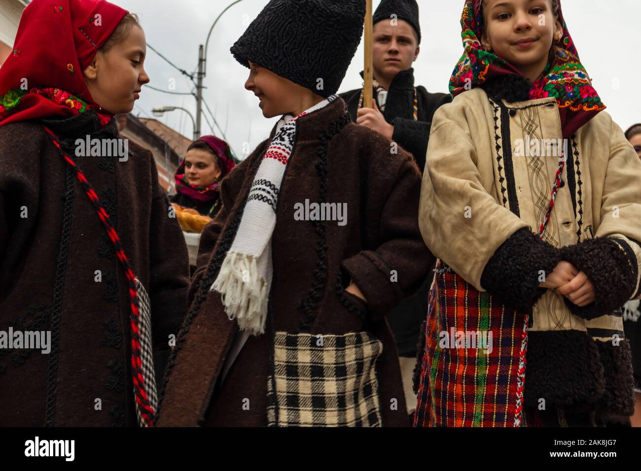 Children in traditional clothes of Maramures. Group of children at ...