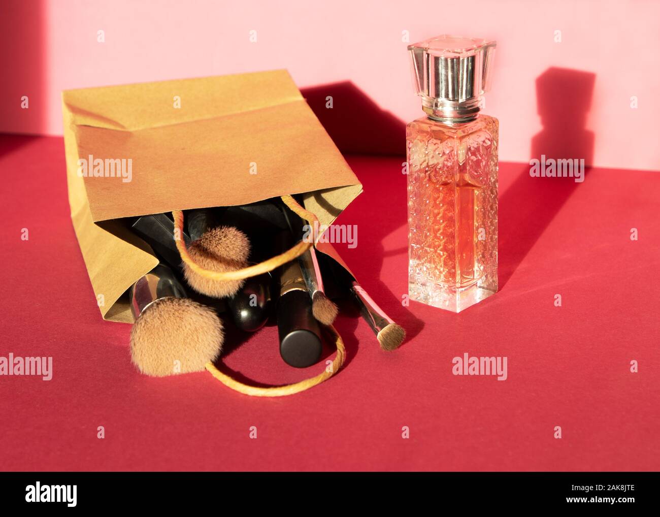 Woman flat lay makeup background with set of decorative cosmetics with ...