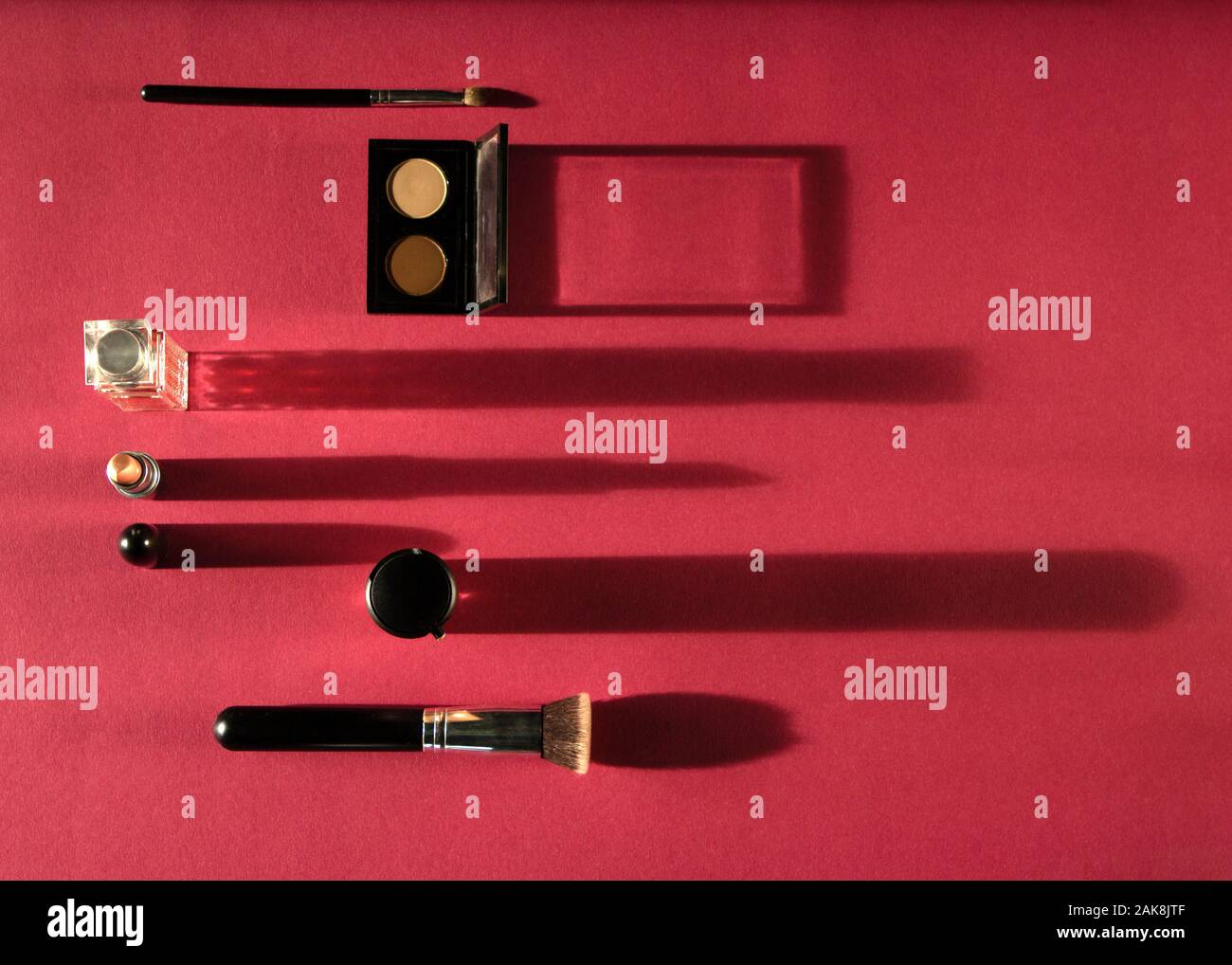 Woman flat lay makeup background with set of decorative cosmetics with ...