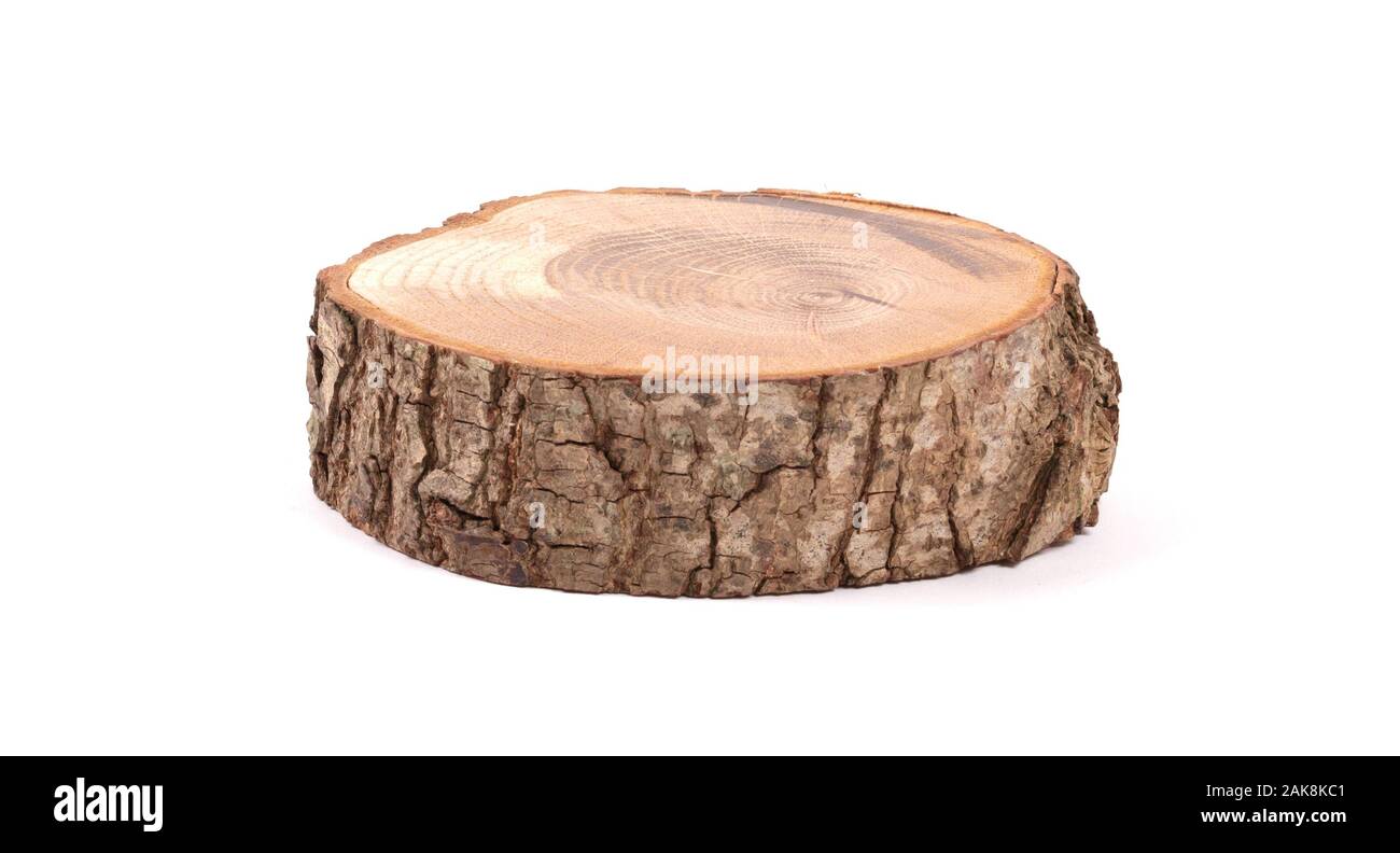 Irregular shape wood slab with bark and tree growth rings, isolated ...