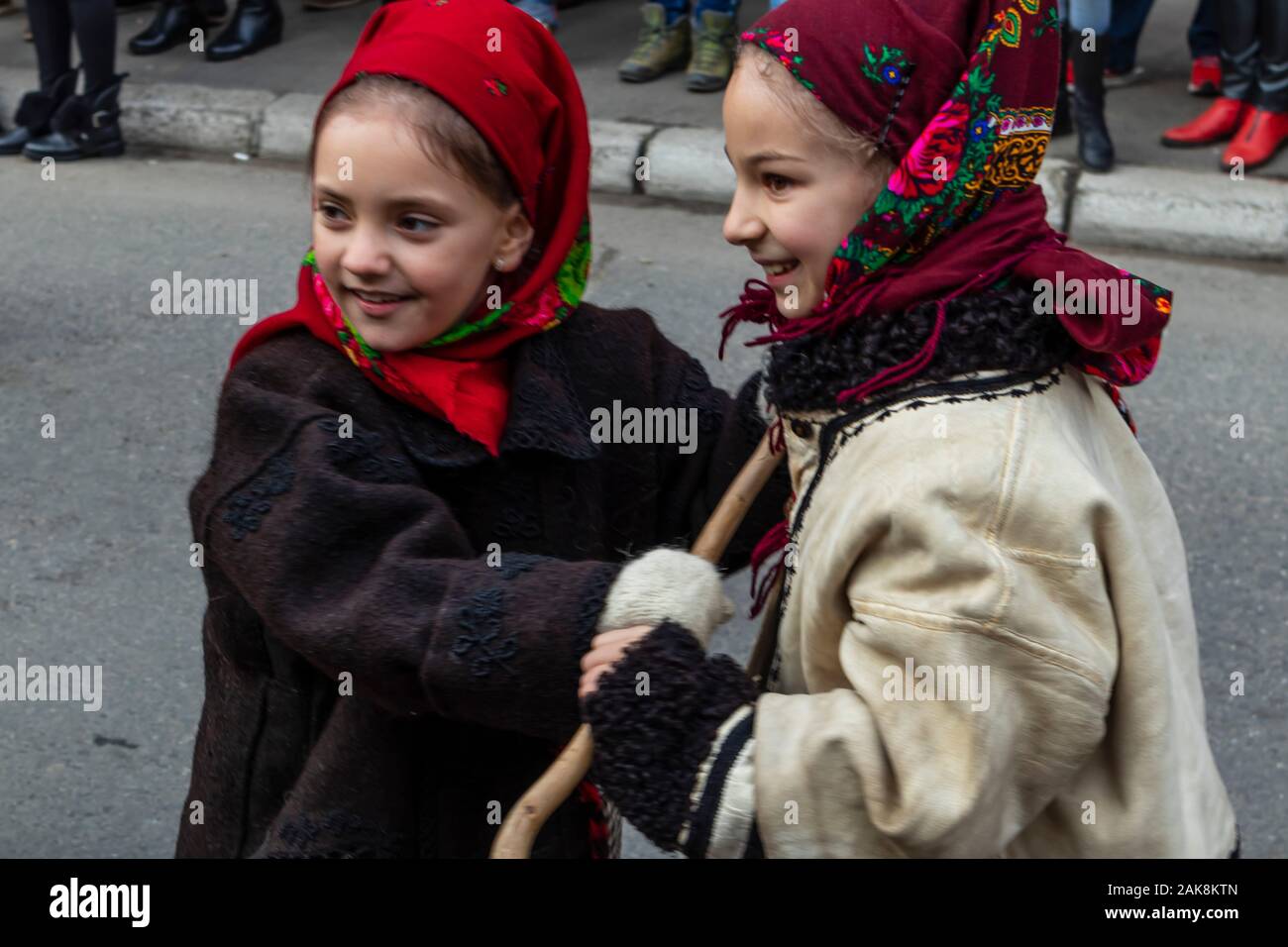Children in traditional clothes of Maramures. Group of children at ...