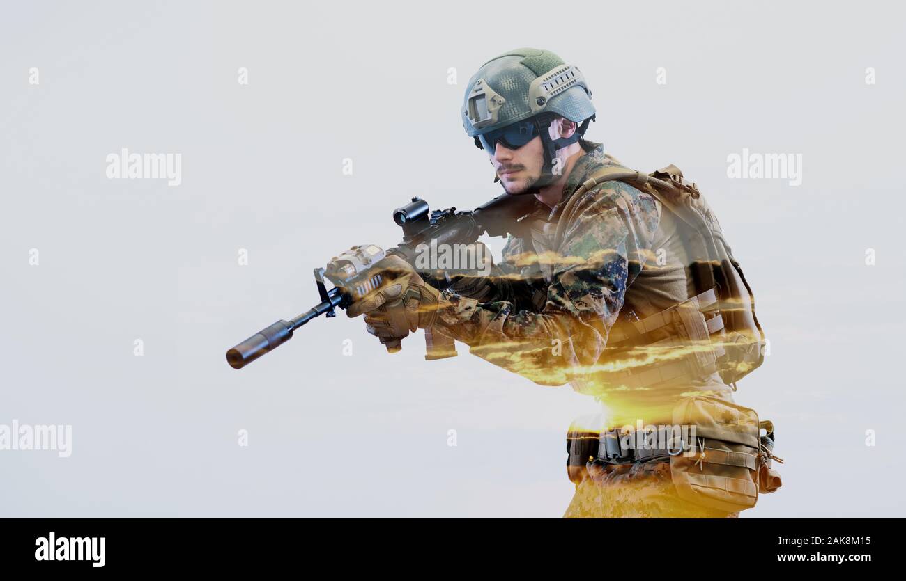 modern warfare american marines soldier in action while sneaking and ...
