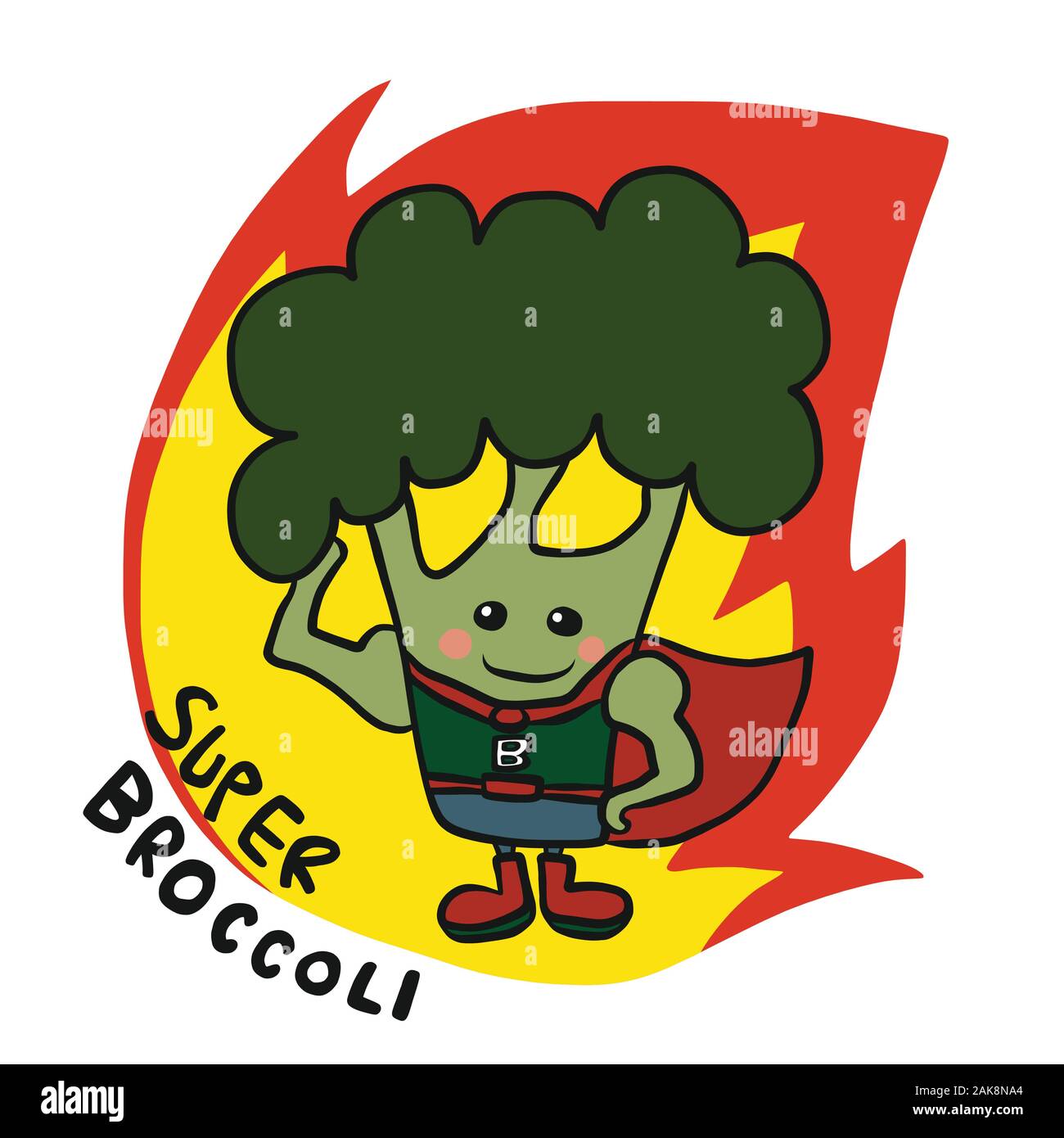 Super Broccoli hero on fire cartoon logo vector illustration Stock ...