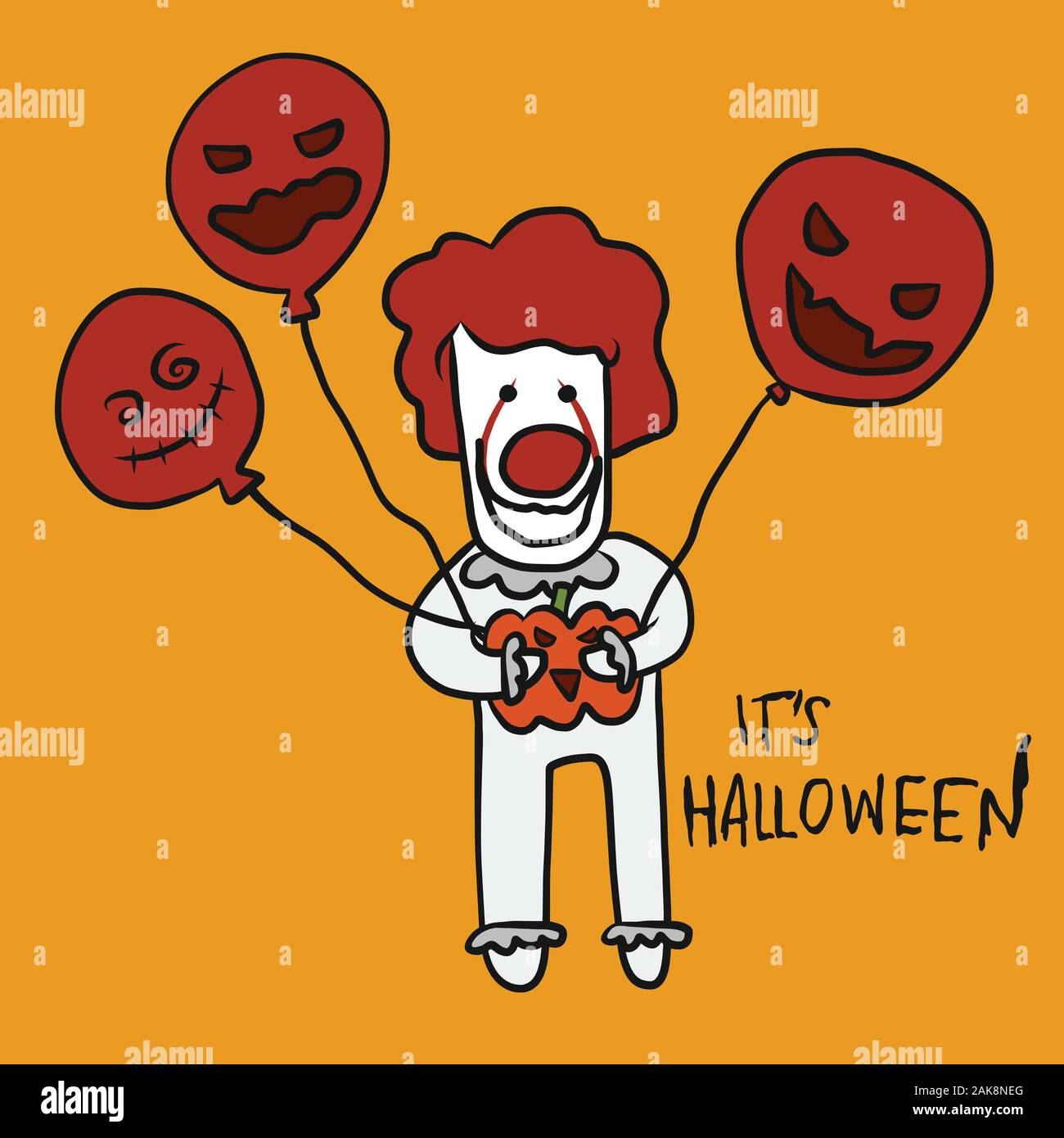 Scary clown with red balloon, Happy Halloween cartoon vector ...