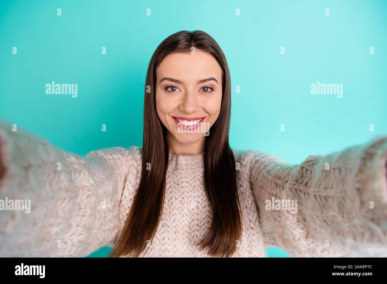 Close up photo of cute excited dreamy lady make selfie have fun wear ...
