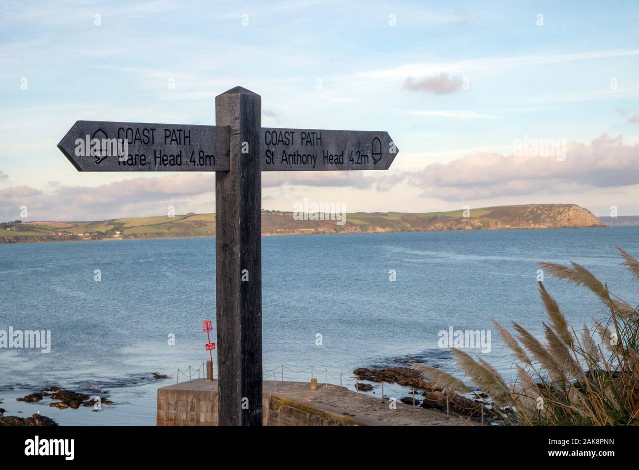 Signpost for the Cornish Coast Path on a peaceful autumn morning in ...